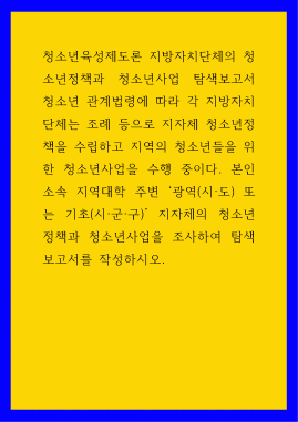 청소년육성제도론 ) 본인 소속 지역대학 주변 광역(시도) 또는 기초(시군구) 지자체의 청소년정책과 청소년사업을 조사하여 탐색보고서를 작성하시오-1페이지