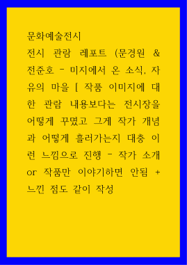 문화예술전시 ) 전시 관람 - (문경원 & 전준호 – 미지에서 온 소식, 자유의 마을  작품 이미지에 대한 관람 내용보다는 전시장을 어떻게 꾸몄고 그게 작가 개념과 어떻게 흘러가는지 대충 이런 느낌으로 진행, 느낀 점도 같이 작성-1페이지