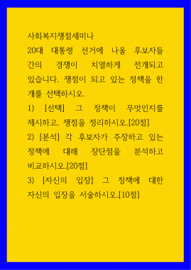 사회복지쟁점세미나 ) 20대 대통령 선거에 나올 후보자들 간의 경쟁이 치열하게 전개되고 있습니다 쟁점이 되고 있는 정책을 한 개를 선택하시오 분석- 각 후보자가 주장하고 있는 정책에 대해 장단점을 분석하고 비교하시오-1페이지