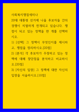 사회복지쟁점세미나 ) 20대 대통령 선거에 나올 후보자들 간의 경쟁이 치열하게 전개되고 있습니다 쟁점이 되고 있는 정책을 한 개를 선택하시오-1페이지