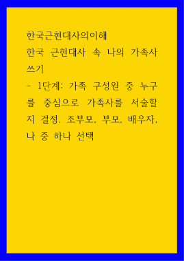 한국근현대사의이해 ) 한국 근현대사 속 나의 가족사 쓰기 - 1단계 가족 구성원 중 누구를 중심으로 가족사를 서술할 지 결정 조부모, 부모, 배우자, 나 중 하나 선택-1페이지