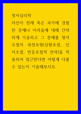 정서심리학 ) 자신이 현재 혹은 과거에 경험한 문제나 어려움에 대해 간략하게 기술하고 그 문제를 정서조절의 과정모형(상황초점, 인지초점, 반응초점적 전략)을 적용하여 접근한다면 어떻게 다룰 수 있는지 기술해보시오-1페이지