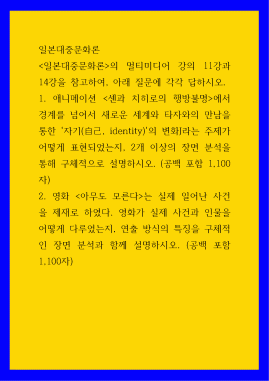 일본대중문화론 ) 애니메이션 센과 치히로의 행방불명에서 경계를 넘어서 새로운 세계와 타자와의 만남을 통한 자기(自己, identity)의 변화J라는 주제가 어떻게 표현되었는지, 2개 이상의 장면 분석을 통해 구체적으로 설명하시오-1페이지