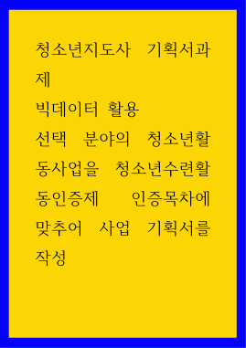 청소년지도사 기획서과제 ) 빅데이터 활용 - 선택 분야의 청소년활동사업을 청소년수련활동인증제 인증목차에 맞추어 사업 기획서를 작성-1페이지