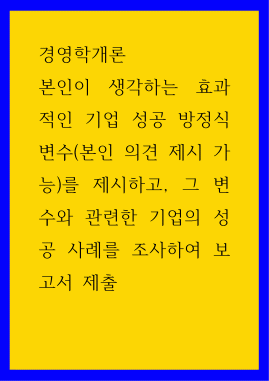 경영학개론 ) 본인이 생각하는 효과적인 기업 성공 방정식 변수(본인 의견 제시 가능)를 제시하고, 그 변수와 관련한 기업의 성공 사례를 조사하여 보고서 제출-1페이지