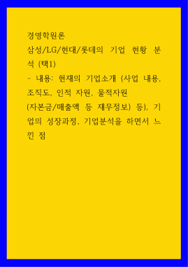 경영학원론 ) 삼성의 기업 현황 분석, 현재의 기업소개 (사업 내용, 조직도, 인적 자원, 물적자원(자본금,매출액 등 재무정보) 등), 기업의 성장과정, 기업분석을 하면서 느낀 점-1페이지