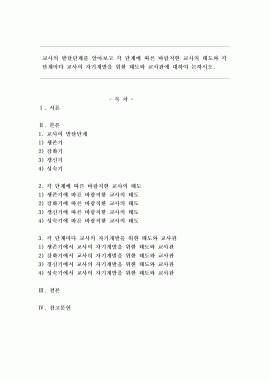 교사의 발달단계를 알아보고 각 단계에 따른 바람직한 교사의 태도와 각 단계마다 교사의 자기개발을 위한 태도와 교사관에 대하여 논하시오.-1페이지