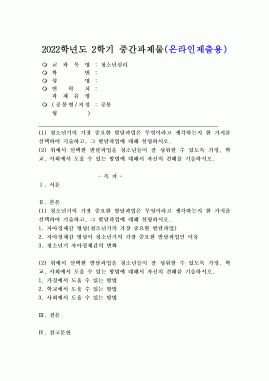 (청소년심리, 공통) (1) 청소년기의 가장 중요한 발달과업은 무엇이라고 생각하는지 한 가지를 선택하여 기술하고, 그 발달과업에 대해 설명하시오. (2) 위에서 선택한 발달과업을 청소년들이 잘 성취할 수 있도록 가정, 학교, 사회에서 도울 수 있는 방법에 대해서 자신의 견해를 기술하시오.-1페이지