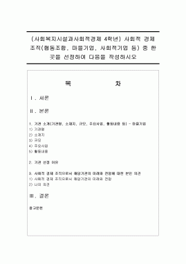 (사회복지시설과사회적경제 4학년) 사회적 경제 조직(협동조합, 마을기업, 사회적기업 등) 중 한 곳을 선정하여 다음을 작성하시오-1페이지