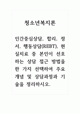 청소년복지론_인간중심상담, 합리, 정서, 행동상담(REBT), 현실치료 중 본인이 선호하는 상담 접근 방법을 한 가지 선택하여 주요개념 및 상담과정과 기술을 정리하시오-1페이지