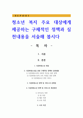 청소년 복지 주요 대상에게 제공하는 구체적인 정책과 실천내용을 서술-1페이지