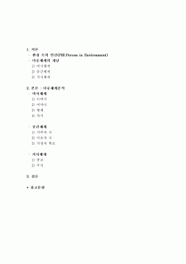 [인간행동과사회환경 A+] 환경속의 인간개념인 다중체계(미시체계, 중간체계, 거시체계)개념을 자신이 속해 있는 체계들을 분석하여 자신과 환경의 상호작용이 현재 자신에게 어떠한 영향을 주고 있는지 분석하시오-1페이지