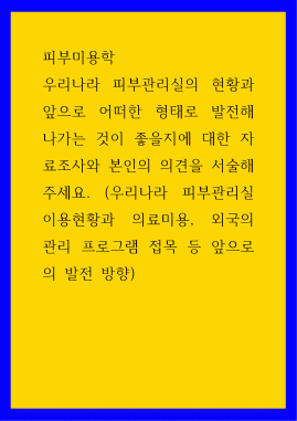 피부미용학 ) 우리나라 피부관리실의 현황과 앞으로 어떠한 형태로 발전해 나가는 것이 좋을지에 대한 자료조사와 본인의 의견을 서술해주세요-1페이지