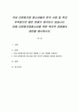 국내 다문화가정 청소년들의 한국 사회 및 학교 부적응으로 많은 문제가 제기되고 있습니다. 이에 다문화가정 청소년을 위한 복지적 관점에서 대안을 제시하시오.-1페이지