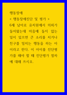 행동장애 )  행동장애진단 및 평가 - 6세 남아로 유치원에서 의뢰가 들어왔는데 마음에 들지 않는 일이 있으면 큰 소리를 치거나 친구를 밀치는 행동을 하는 아이라고 한다-1페이지