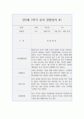 만3세 1학기 관찰일지+관찰평가 (10페이지 분량으로 매우 자세합니다.)-1페이지