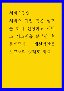 서비스경영 ) 서비스 기업 혹은 점포를 하나 선정하고 서비스 시스템을 분석한 후 문제점과 개선방안을 보고서의 형태로 제출-1페이지