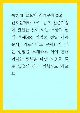 북한에 필요한 간호문제발굴 ) 간호문제라 하여 간호 전문기술에 관련한 것이 아닌 북한의 현재 문제(ex-1페이지