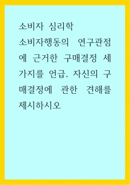 소비자 심리학 ) 소비자행동의 연구관점에 근거한 구매결정 세 가지를 언급, 자신의 구매결정에 관한 견해를 제시하시오-1페이지