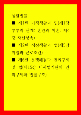 생활법률 가정생활과 법(부부의 관계 혼인과 이혼, 재산상속)  직장생활과 법(취업과 근로조건) 분쟁해결과 권리구제 및 법( 비사법기관의 권리구제와 법률구조)-1페이지