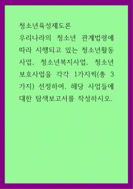 청소년육성제도론 = ) 우리나라 청소년 관계법령 따라 시행되고 있는 청소년활동사업, 청소년복지사업, 청소년보호사업을 각각 1가지씩(총 3가지) 선정하여, 해당 사업들에 대한 탐색보고서를 작성하시오-1페이지