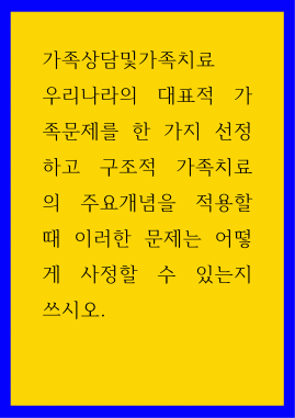 가족상담및가족치료 우리나라의 대표적 가족문제를 한 가지 선정하고 구조적 가족치료의 주요개념을 적용할 때 이러한 문제는 어떻게 사정할 수 있는지 쓰시오-1페이지