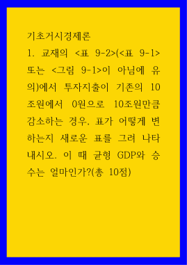 기초거시경제론 투자지출이 기존의 10조원에서 0원으로 10조원만큼 감소하는 경우 표가 어떻게 변하는지 새로운 표를 그려 나타내시오-1페이지