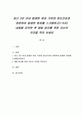 최근 2년 이내 발생한 범죄 가운데 정신건강과 관련하여 발생한 범죄를 스크랩하고(1가지) 내용을 요약한 후 재발 방지를 위한 자신의 의견을 적어 보세요-1페이지