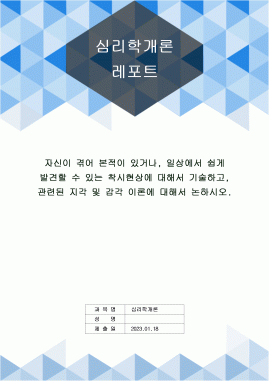 [경영학]심리학개론 A+ 자신이 겪어 본적이 있거나, 일상에서 쉽게 발견할 수 있는 착시현상에 대해서 기술하고, 관련된 지각 및 감각 이론에 대해서 논하시오.-1페이지