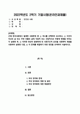 방송통신대_인간과 사회_근래 한국사회에서 발생한 사회문제 중 하나를 선택하여 묘사하고 이것이 자신의 삶 또는 주변 인물의 삶에 직접적 또는 간접적으로 어떻게 영향을 미치는지 설명한 후 이러한 현상이 발생하게 된 사회구조적 요인을 사회학적 개념을 사용하여 설명한 다음 이 문제를 해결하기 위한 방안을 모-1페이지