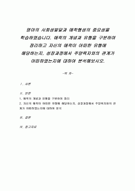 영아의 사회성발달과 애착형성의 중요성을 학습하였습니다. 애착의 개념과 유형을 구분하여 정리하고 자신의 애착이 어떠한 유형에 해당하는지, 성장과정에서 주양육자와의 관계가 어떠하였는지에 대하여 분석해보시오.-1페이지