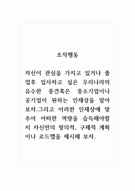 조직행동_자신이 관심을 가지고 있거나 졸업후 입사하고 싶은 우리나라의 유수한 중견혹은 중소기업이나 공기업이 원하는 인재상을 알아보자.그리고 이러한 인재상에 맞추어 어떠한 역량을 습득해야할지 자신만의 창의적, 구체적 계획이나 로드맵을 제시해 보자.-1페이지