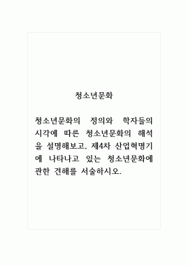 청소년문화_청소년문화의 정의와 학자들의 시각에 따른 청소년문화의 해석을 설명해보고, 제4차 산업혁명기에 나타나고 있는 청소년문화에 관한 견해를 서술하시오.-1페이지