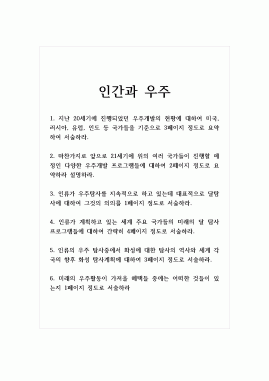 인간과우주_지난 20세기에 진행되었던 우주개발의 현황에 대하여 미국, 러시아, 유럽, 인도 등 국가들을 기준으로 3페이지 정도로 요약하여 서술하라.-1페이지