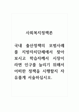 사회복지정책론_국내 출산정책의 모범사례를 지방자치단체에서 찾아보시고 학습자께서 시장이라면 인구를 늘리기 위해서 어떠한 정책을 시행할지 자유롭게 서술하십시오.-1페이지