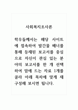 사회복지조사론_학우들께서는 해당 사이트에 접속하여 발간물 배너를 통해 등재된 보고서를 중심으로 자신이 관심 있는 분야의 보고서를 한 개 선택하여 맘에 드는 자료 1개를 골라 아래 목차에 맞게 재구성해 보시면 됩니다.-1페이지