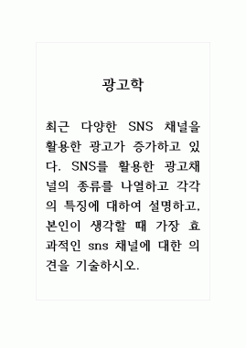 광고학_최근 다양한 SNS 채널을 활용한 광고가 증가하고 있다. SNS를 활용한 광고채널의 종류를 나열하고 각각의 특징에 대하여 설명하고, 본인이 생각할 때 가장 효과적인 sns 채널에 대한 의견을 기술하시오.-1페이지