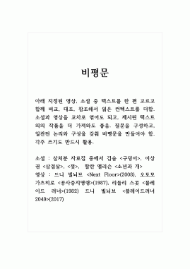 비평문_아래 지정된 영상, 소설 중 텍스트를 한 편 고르고 함께 비교, 대조, 참조해서 읽은 컨텍스트를 더함. 소설과 영상을 교차로 엮어도 되고, 제시된 텍스트 외의 작품을 더 가져와도 좋음. 질문을 구성하고, 일관된 논리와 구성을 갖춰 비평문 작성-1페이지