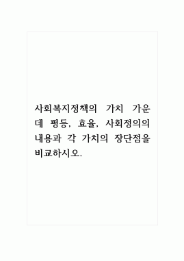 사회복지정책의 가치 가운데 평등, 효율, 사회정의의 내용과 각 가치의 장단점을 비교하시오.-1페이지