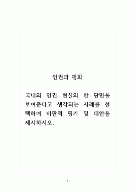 인권과평화_국내외 인권 현실의 한 단면을 보여준다고 생각되는 사례를 선택하여 비판적 평가 및 대안을 제시하시오.-1페이지