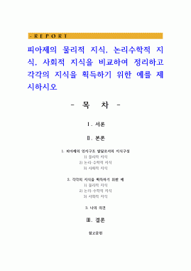 피아제의 물리적 지식 논리수학적 지식 사회적 지식을 비교하여 정리하고 각각의 지식을 획득하기 위한 예-1페이지