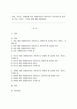 아동, 어르신, 장애인에 각각 자원봉사자가 기본적으로 갖추어야 할 윤리와 가치, 마인드, 주의할 점에 대해 설명하세요.-1페이지