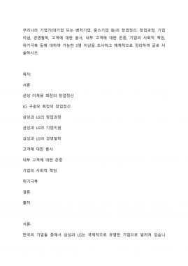 우리나라 기업가(대기업 또는 벤처기업, 중소기업 등)의 창업정신, 창업과정, 기업이념, 경영철학, 고객에 대한 봉사, 내부 고객에 대한 존중, 기업의 사회적 책임, 위기극복 등에 대하여 가능한 2명 이상을 조사하고 체계적으로 정리하여 글로 서술하시오-1페이지