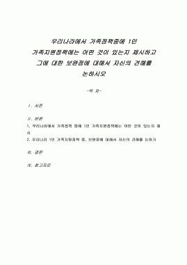 우리나라에서 가족정책중에 1인 가족지원정책에는 어떤 것이 있는지 제시하고 그에 대한 보완점에 대해서 자신의 견해를 논하시오-1페이지