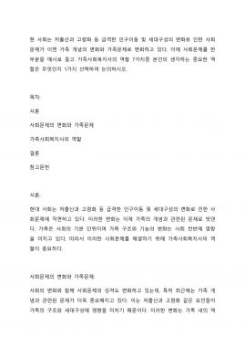 현 사회는 저출산과 고령화 등 급격한 인구이동 및 세대구성의 변화로 인한 사회문제가 이젠 가족 개념의 변화와 가족문제로 변화하고 있다. 이에 사회문제를 한 부분을 예시로 들고 가족사회복지사의 역할 7가지중 본인의 생각하는 중요한 역할은 무엇인지 1가지 선택하여 논의하시오.-1페이지