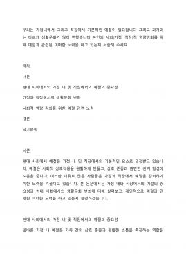 우리는 가정내에서 그리고 직장에서 기본적인 예절이 필요합니다 그리고 과거와는 다르게 생활문화가 많이 변했습니다 본인의 사회(가정, 직장)적 역량강화를 위해 예절과 관련된 어떠한 노력을 하고 있는지 서술해 주세요-1페이지