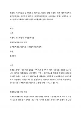 회계의 기초개념을 공부하면서 회계정보이용에 대해 배웠다. 이때 내부이용자와 외부이용자로 구분하여 배웠다. 회계정보이용자의 의의(개념, 뜻)을 설명하고, 외부회계정보이용자와 내무회계정보이용자를 각각 구분하라.-1페이지