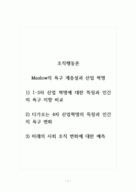 조직행동론_Maslow의 욕구 계층설과 산업 혁명 1) 1-3차 산업 혁명에 대한 특징과 인간의 욕구 지향 비교 2) 다가오는 4차 산업 혁명의 특장과 인간의 욕구 변화 3) 미래의 사회 조직 변화에 대한 예측-1페이지