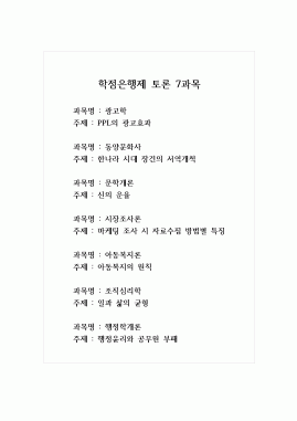 (토론)학점은행제 7과목_광고학 PPL의 광고효과_동양문화사 한나라 시대 장건의 서역개척_문학개론 신의 운율_시장조사론 마케팅 조사 시 자료수집 방법별 특징_아동복지론 아동복지의 원칙_조직심리학 일과 삶의 균형_행정학개론 행정윤리와 공무원 부패-1페이지