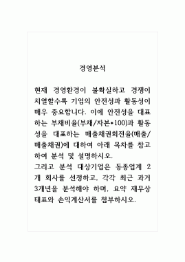 경영분석_현재 경영환경이 불확실하고 경쟁이 치열할수록 기업의 안전성과 활동성이 매우 중요합니다. 이에 안전성을 대표하는 부채비율과 활동성을 대표하는 매출채권회전율에 대하여 아래 목차를 참고하여 분석 및 설명하시오.-1페이지